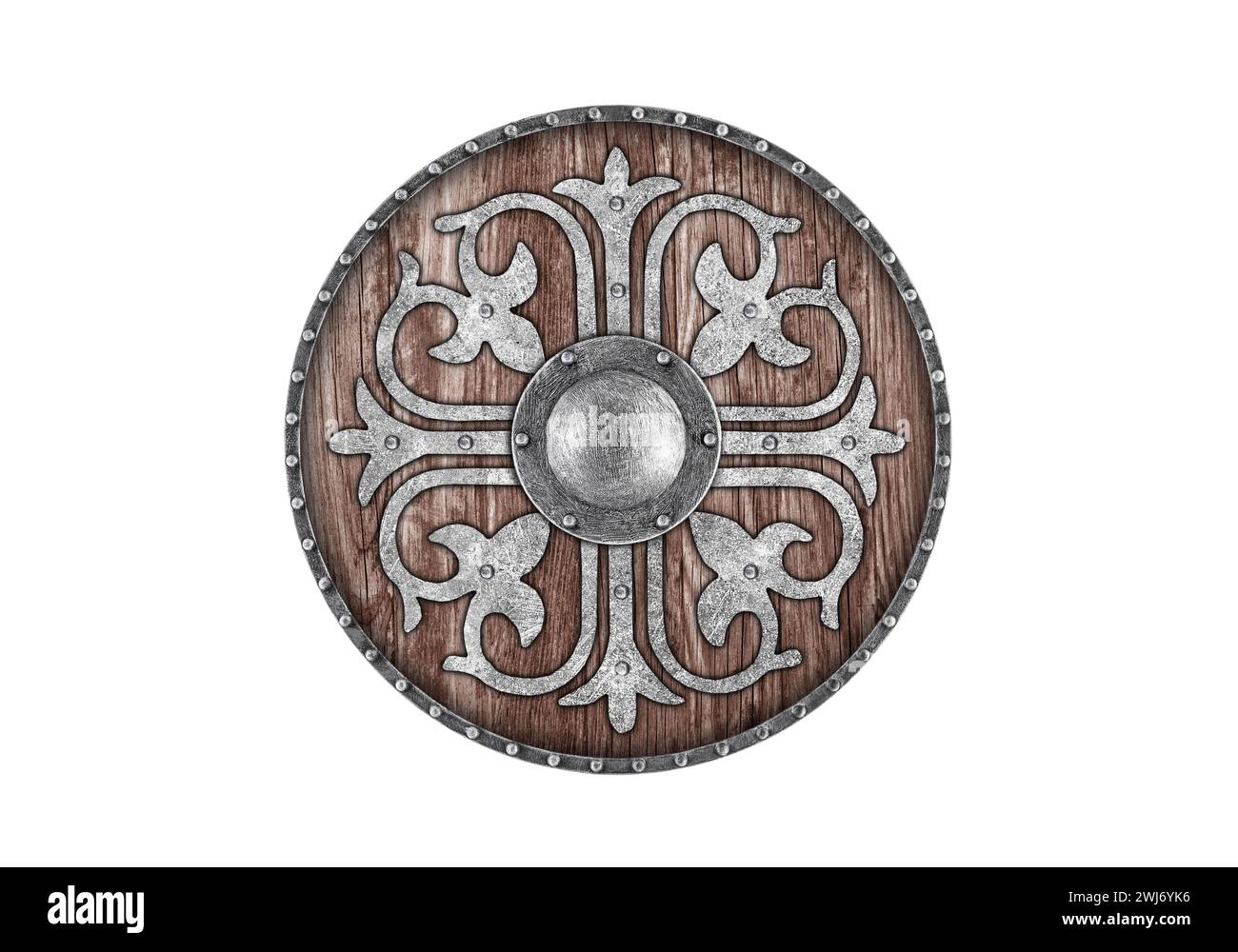 Old decorated wooden round shield isolated on white background Stock ...