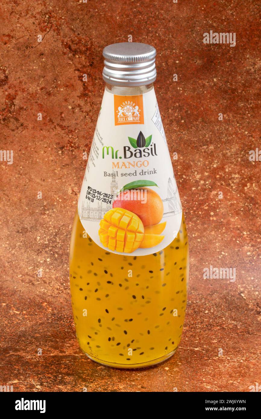 bottle of Mr Basil brand mango flavored drink, isolated close-up Stock ...