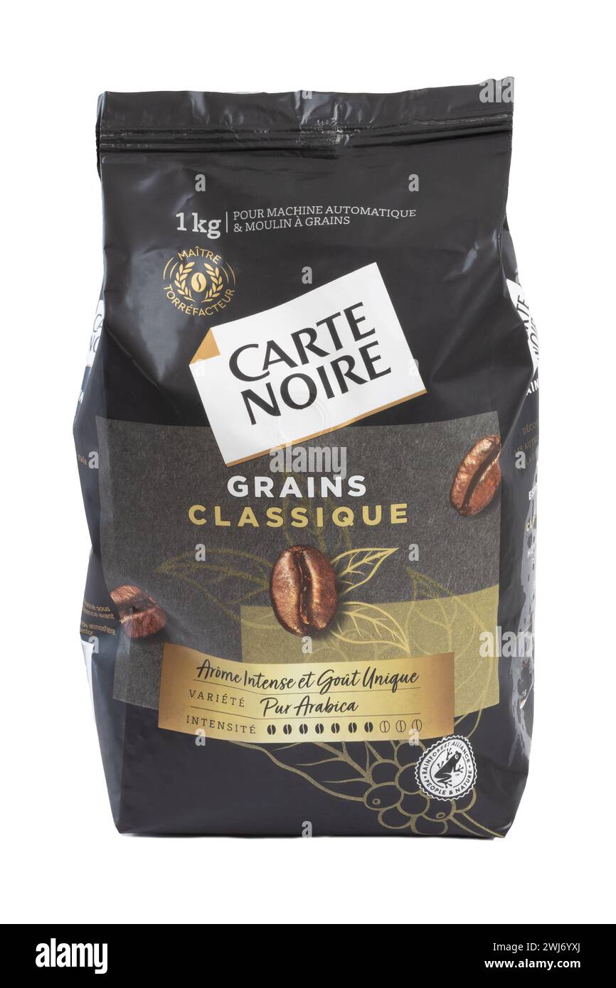 pack of Carte Noire coffee beans, close-up, isolated on a white ...