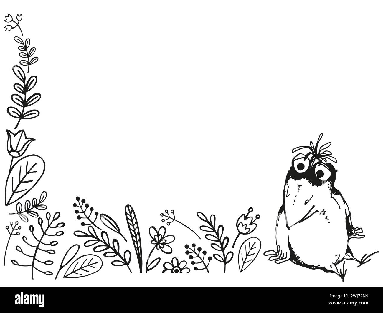 hand drawn frame with vector funny cartoon crow and plants, brunch of ...
