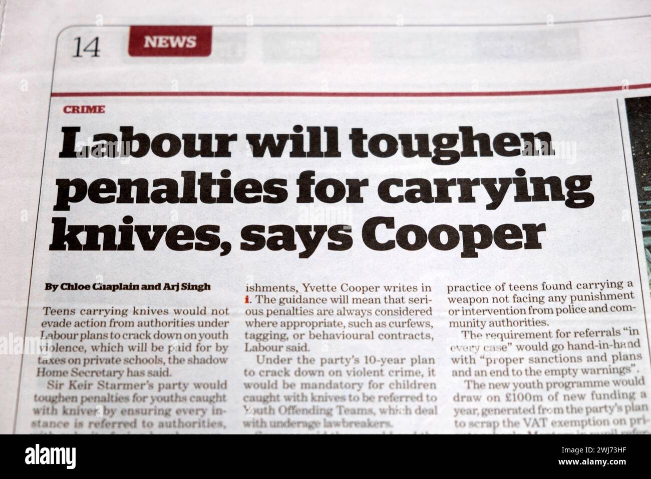 'Labour will toughen penalties for carrying knives, says Cooper' inews ...