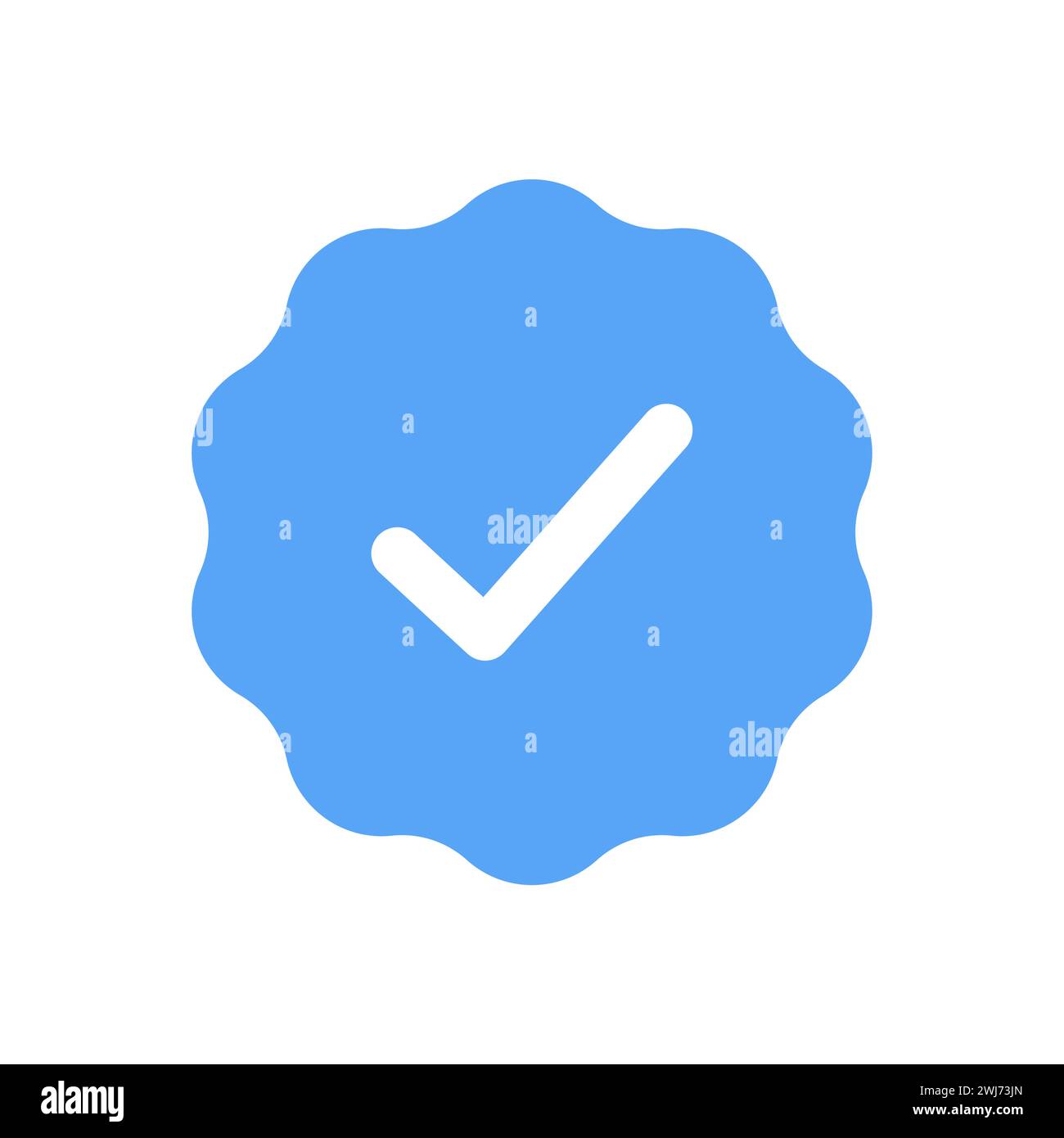 Blue check mark tick verification icon symbol. Confirm checkmark label approval quality product ...