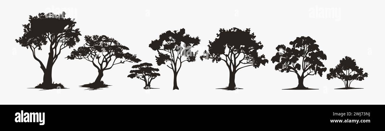 Vector tree black silhouette forest bush landscape background realistic ...