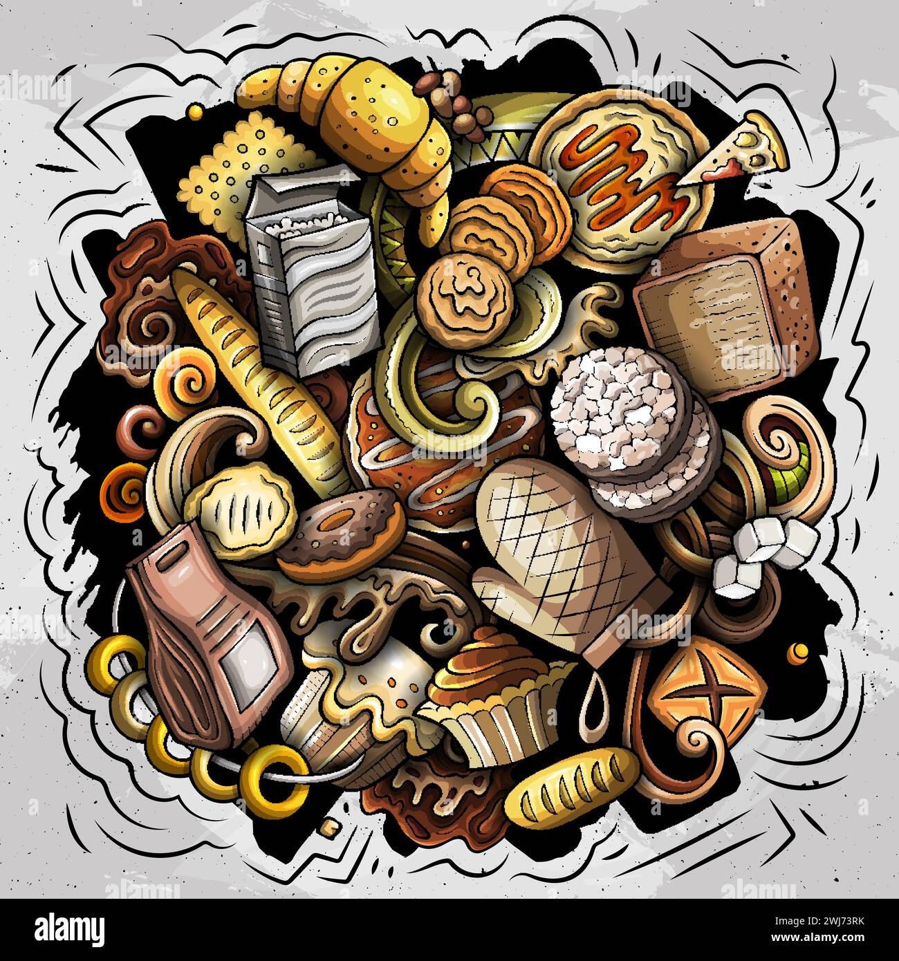 Cartoon vector Bakery doodle illustration features a variety of ...