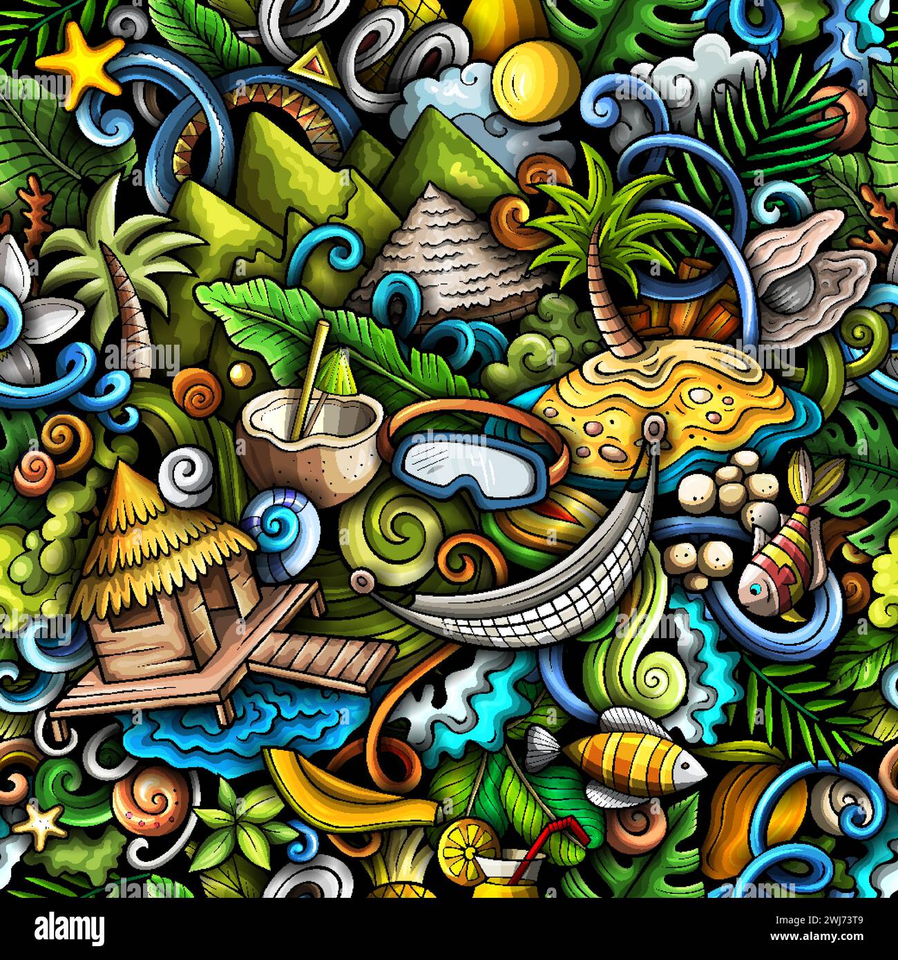 Cartoon doodles Bora-Bora island seamless pattern. Backdrop with French ...