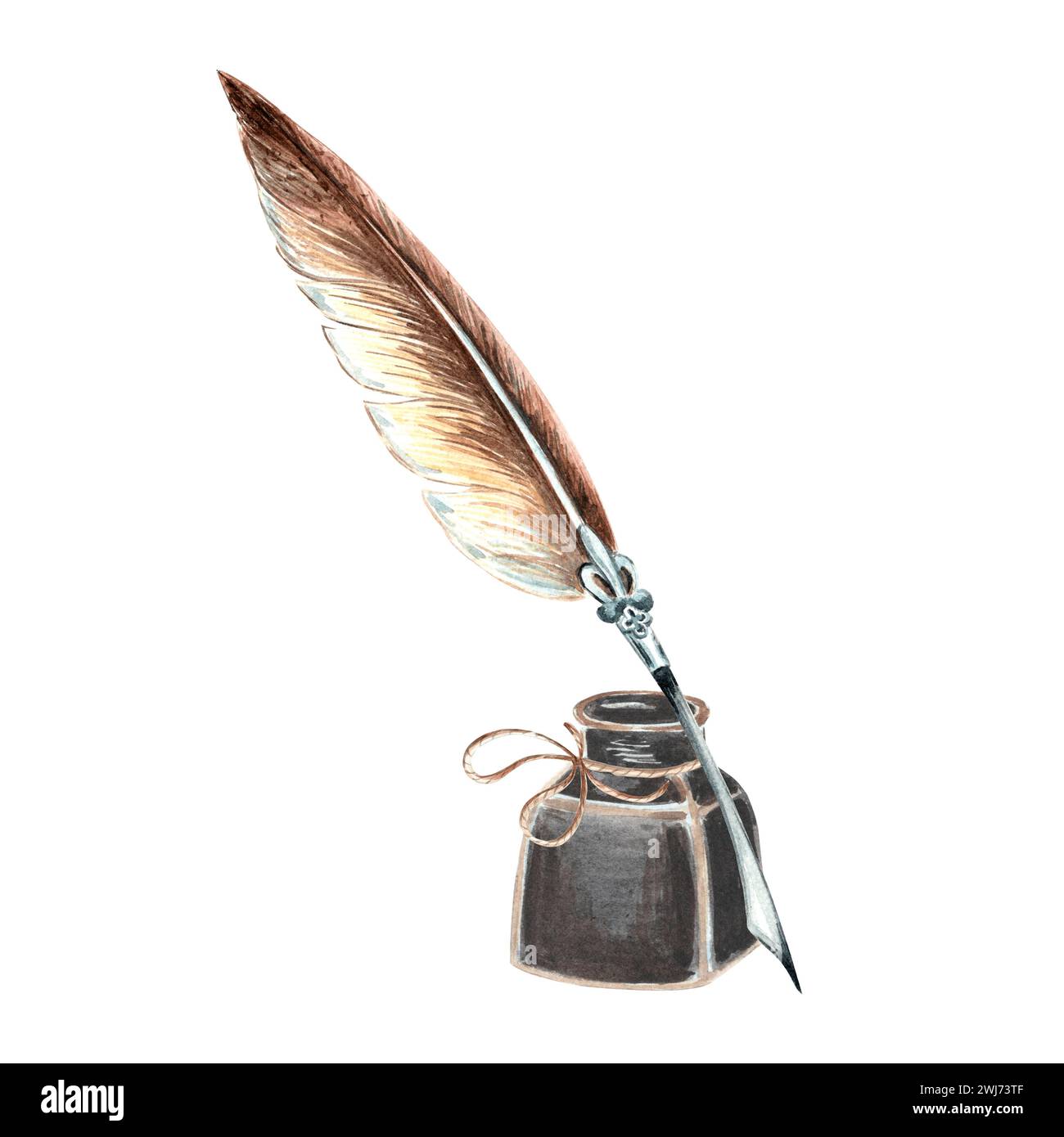 Elegant feather pen and vintage inkwell with black ink. Hand drawn ...