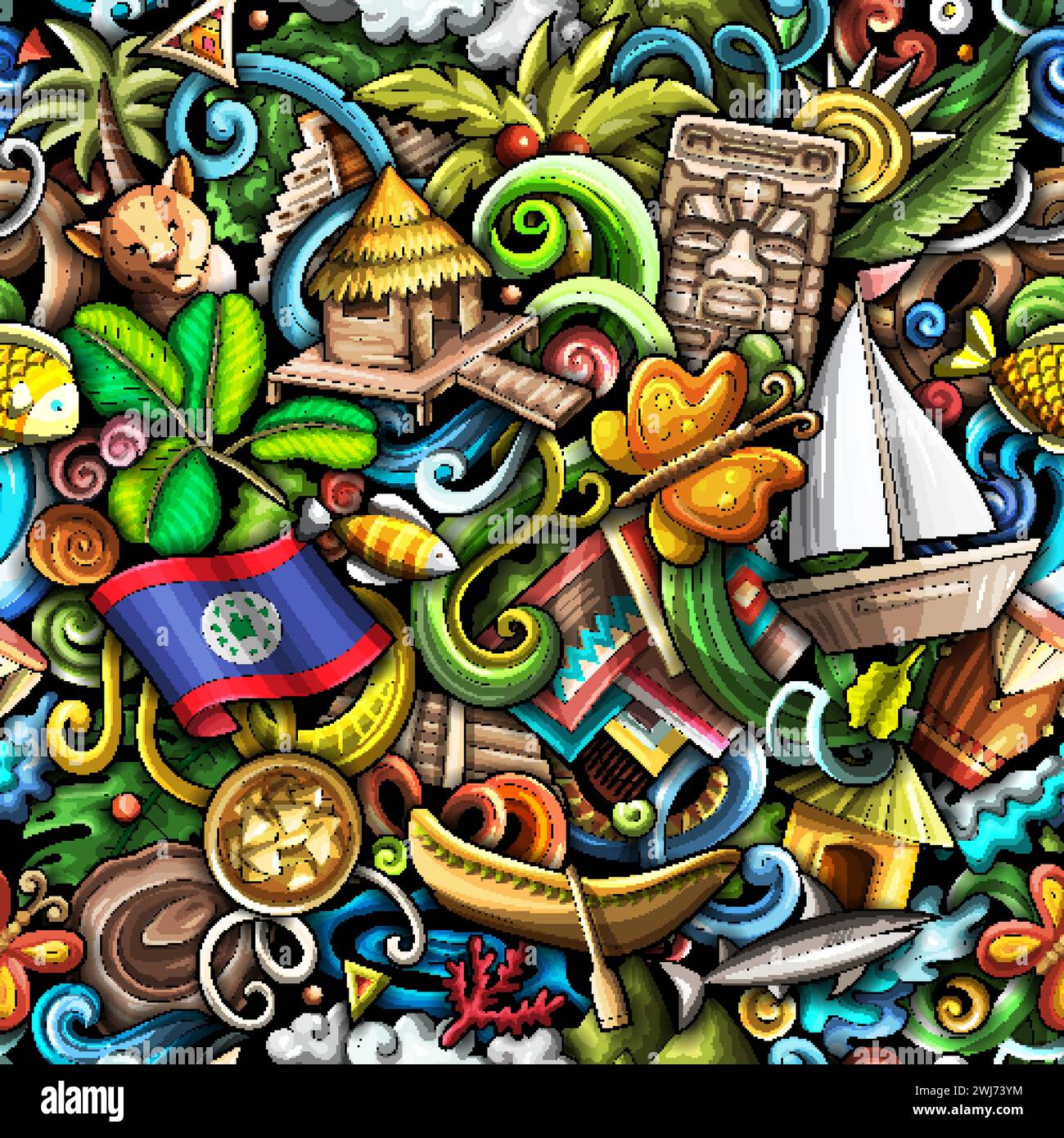 Cartoon doodles Belize seamless pattern. Backdrop with Belizean culture symbols and items ...