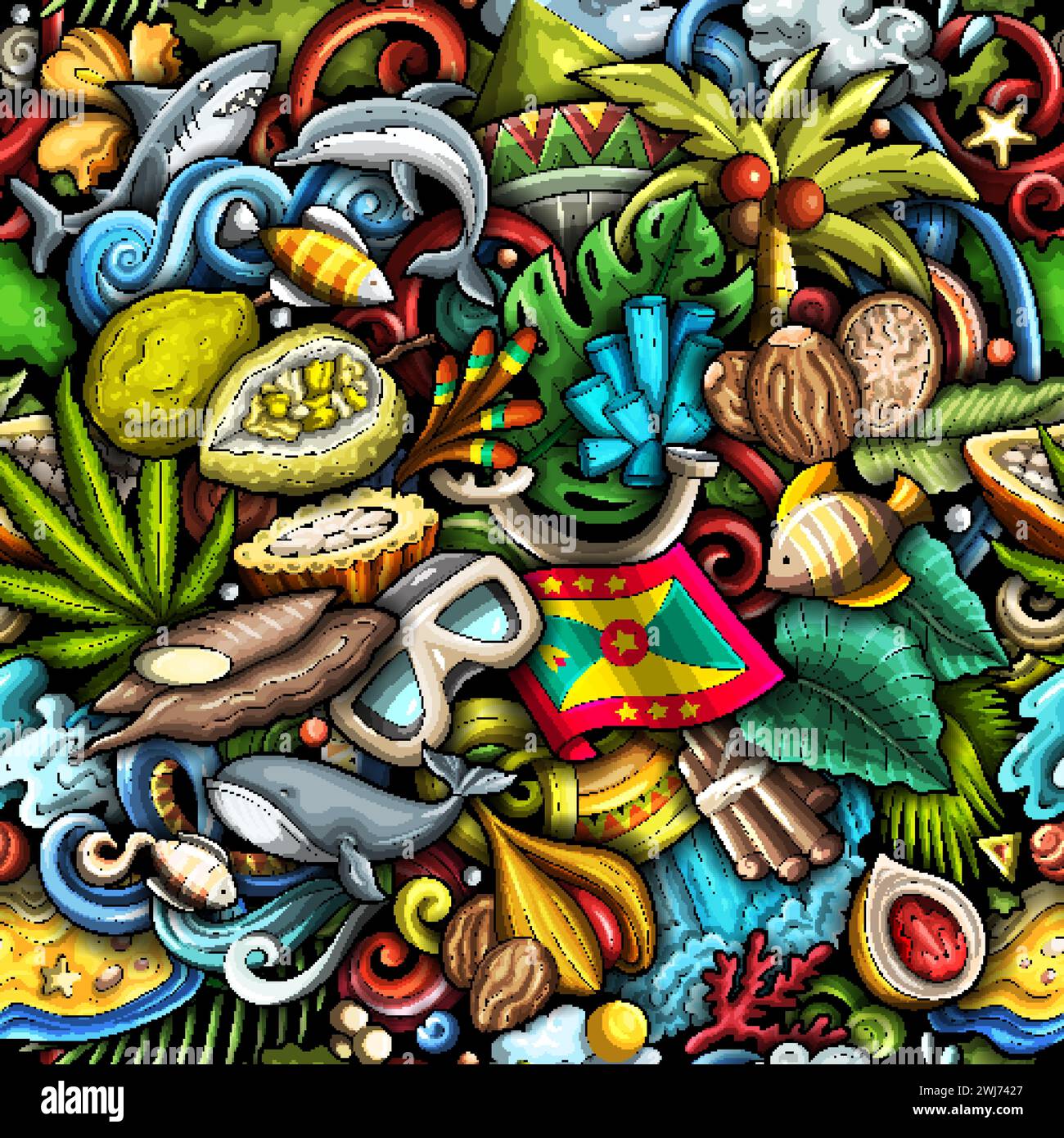 Cartoon doodles Grenada seamless pattern. Backdrop with Grenadian ...