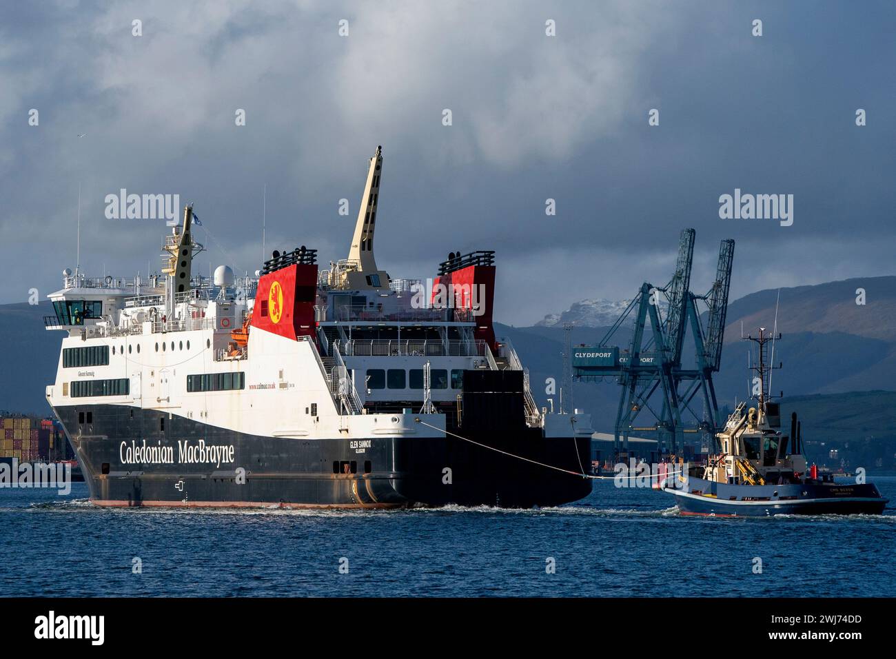 The Caledonian MacBrayne ferry MV Glen Sannox undergoes a sea trial, accompanied by tugs, on a ...