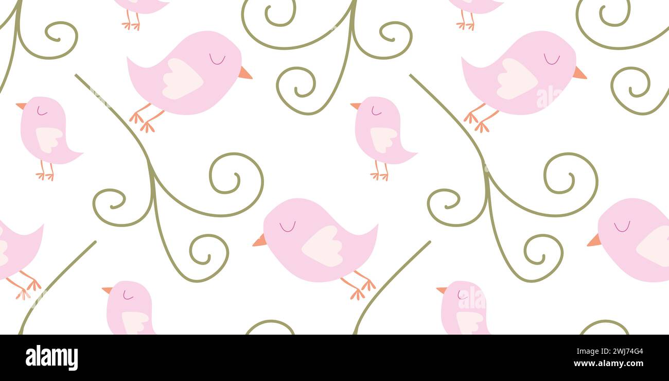 Cute Seamless Pattern with Cartoon birds and Flourish. Spring Vector ...