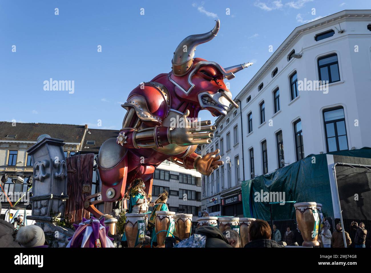 AALST, BELGIUM, 12 FEBRUARY 2024: Giant bull figure on a float at Aalst ...
