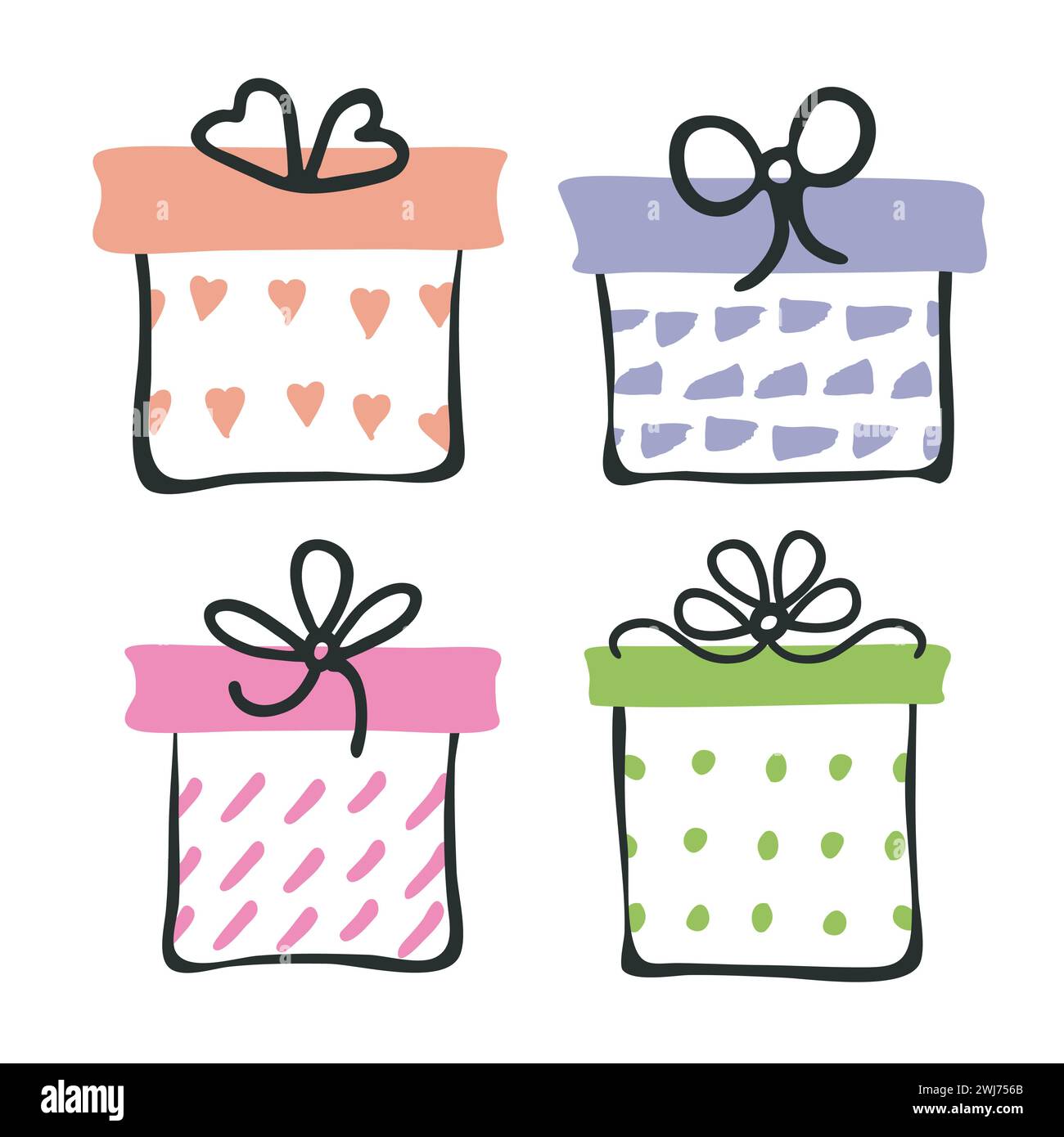 Present box, cute decorative coloured set. Hand drawn doodle line, ink ...
