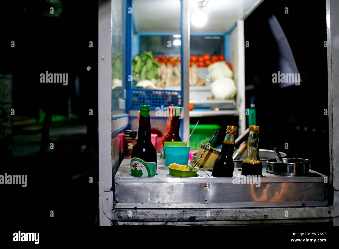Close up bottles of soy sauce and seasoning ingredients for fried rice ...