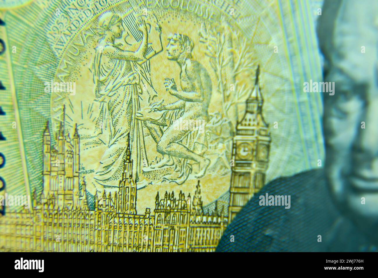 British five pounds sterling banknote closeup with selective focus ...