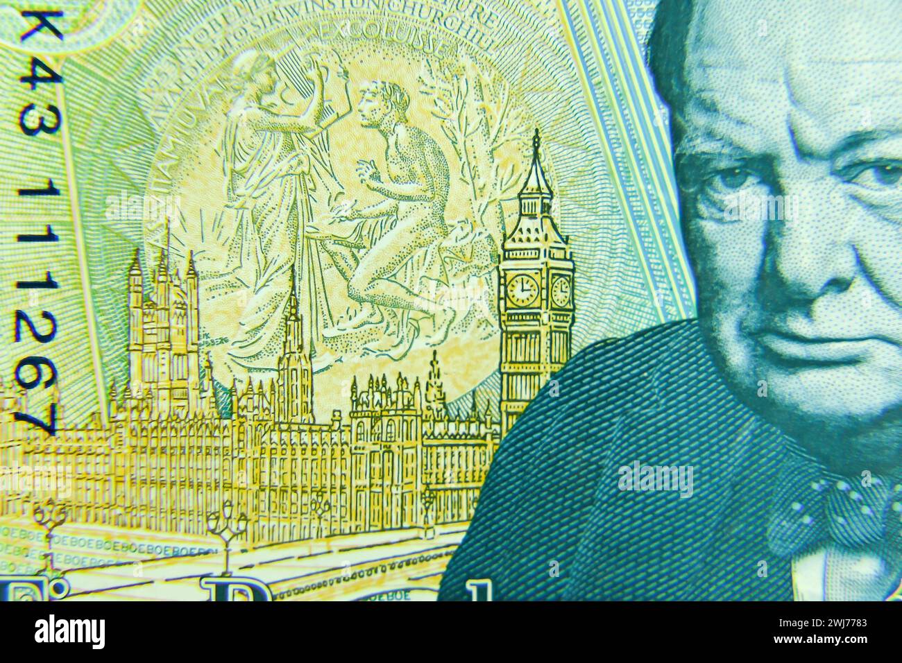 British five pounds sterling banknote closeup with selective focus ...