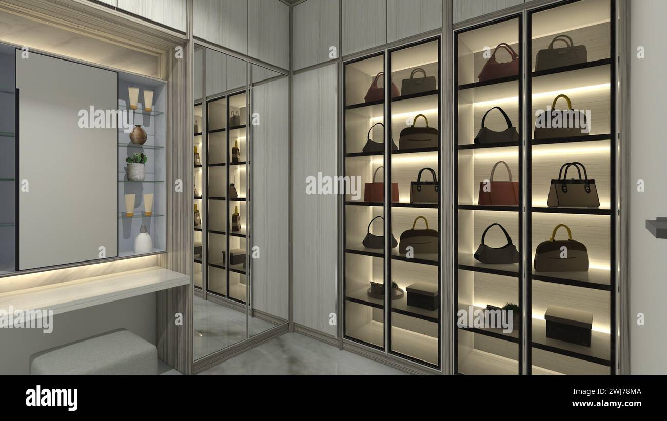 Modern Walk in Closet Design with Dressing Table and Bag Collection ...