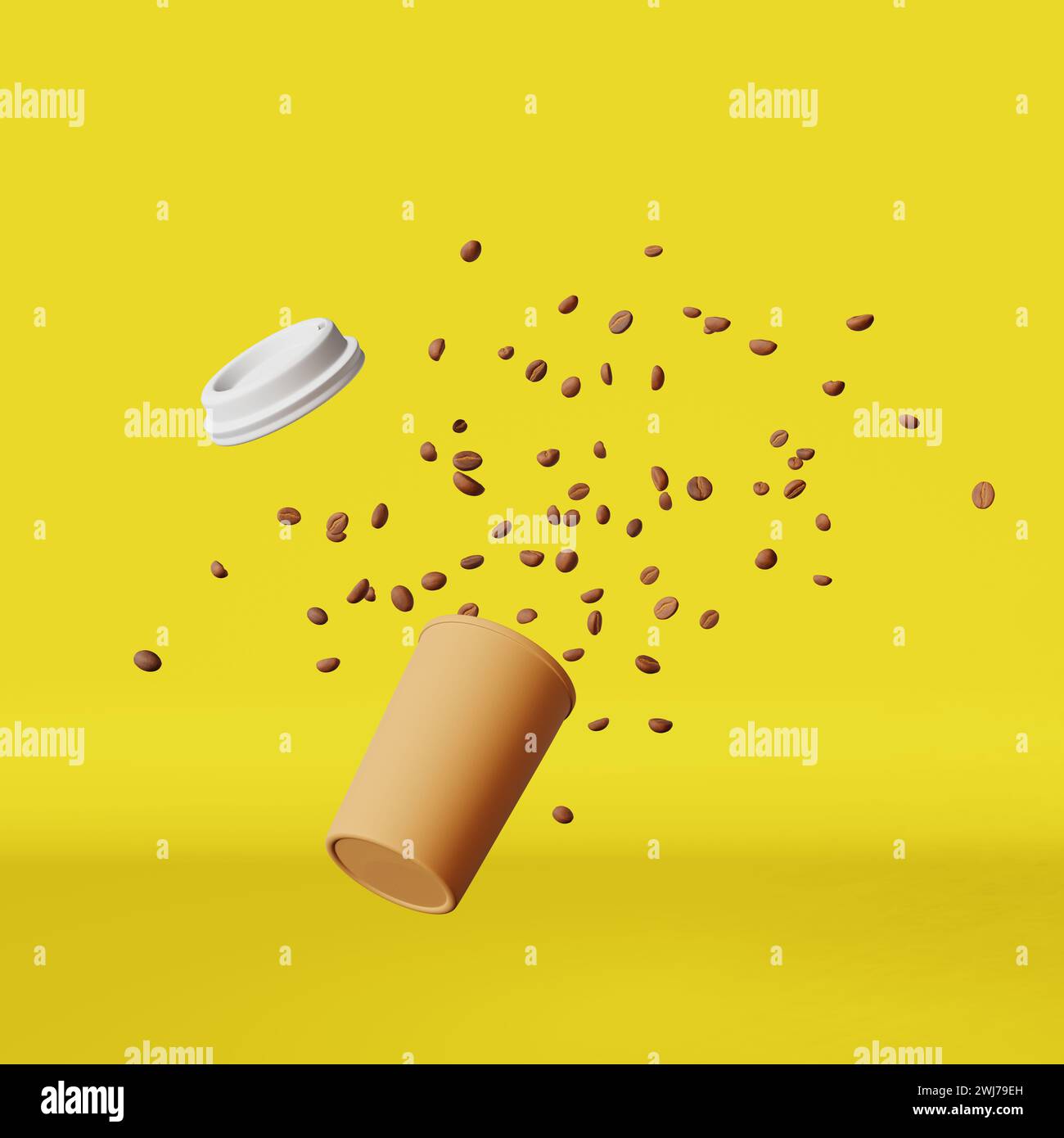 Floating coffee cup lid flying beans explosion yellow background 3D ...