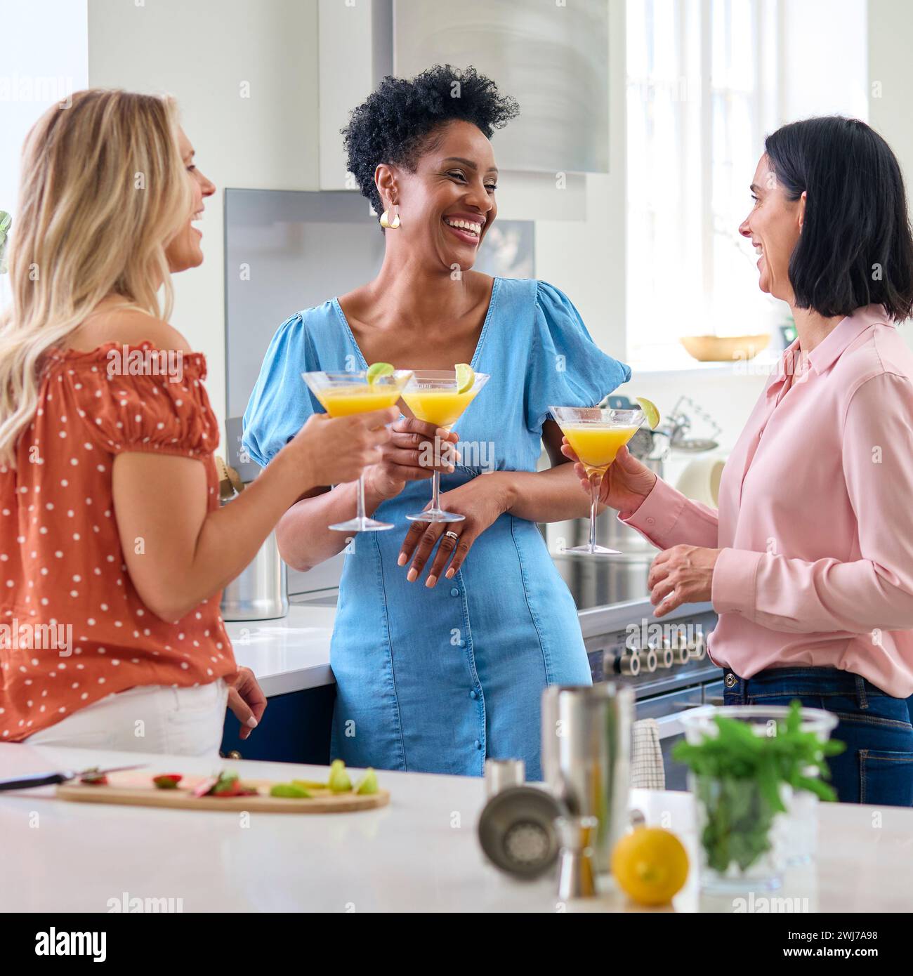 Three Mature Female Friends At Home Having Fun Mixing And Drinking ...