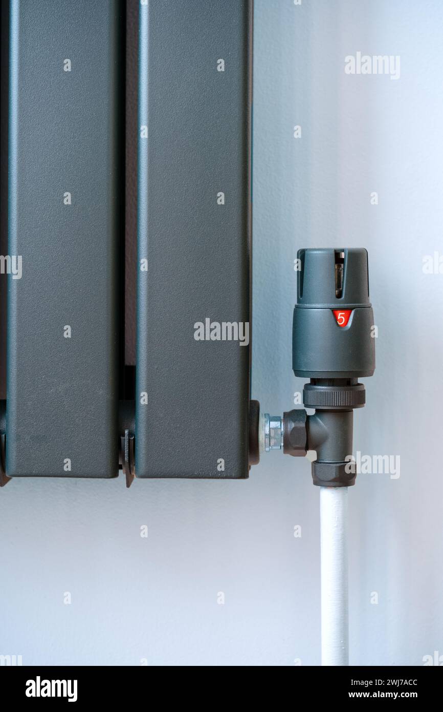 A modern domestic upright radiator fitted with thermostatic angled ...