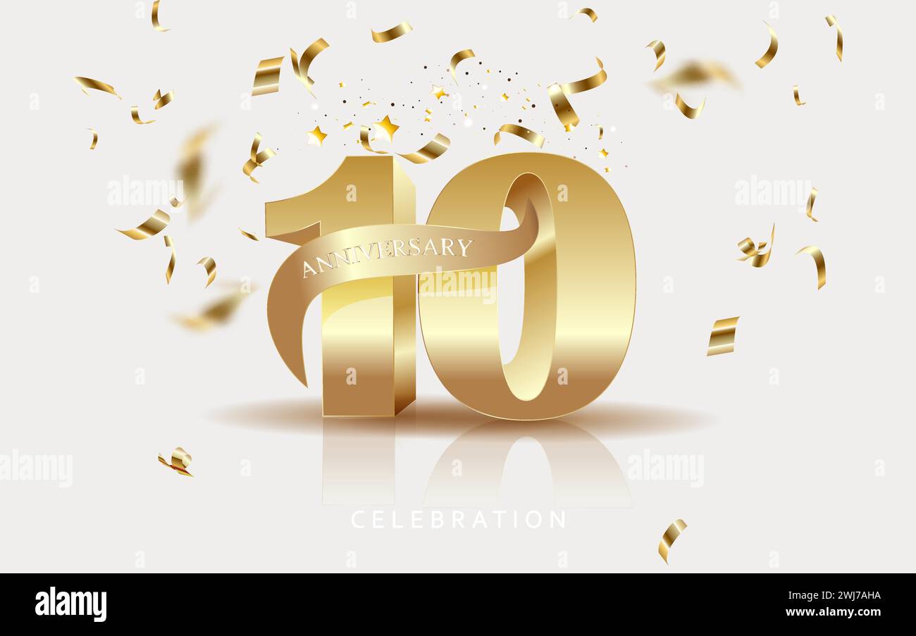 10 Anniversary gold numbers with golden confetti. Celebration 10th ...