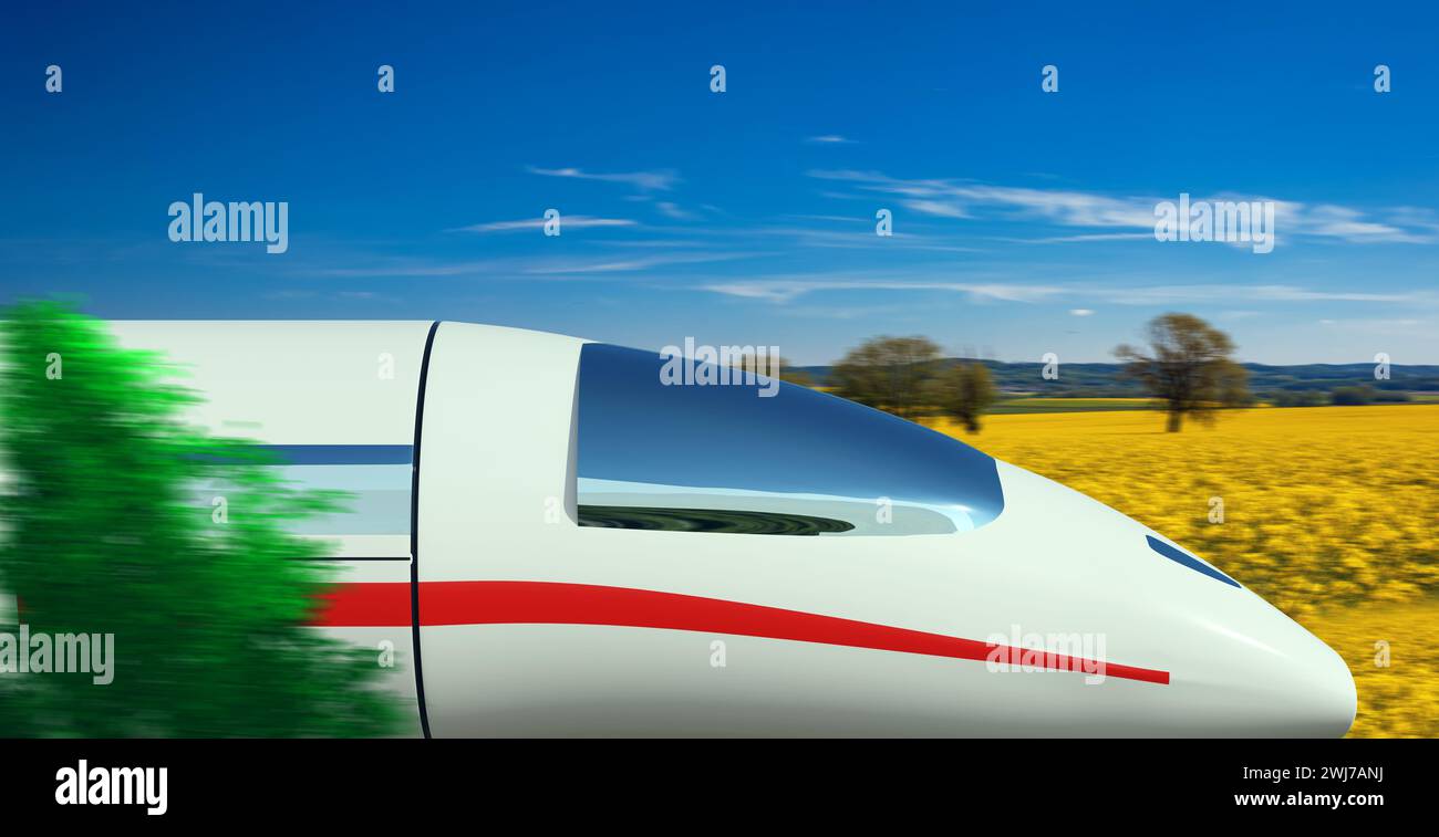 intercity train in front of rural landscape, 3D illustration Stock ...