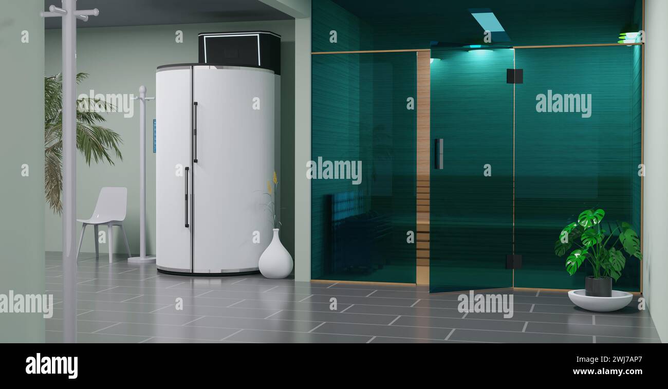 cryosauna room or cryotherapy or freezing cabinet, 3D illustration ...