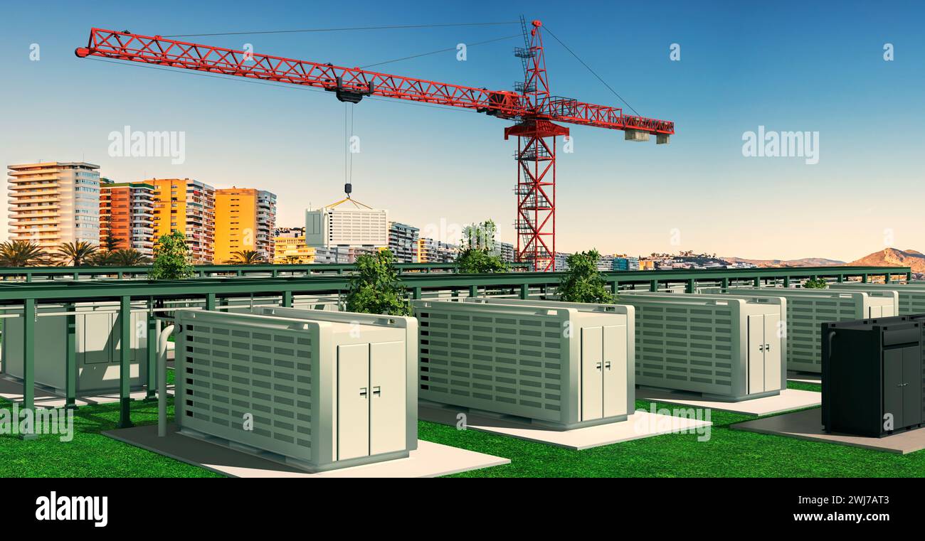 A modern battery storage in the nature, 3D illustration Stock Photo - Alamy
