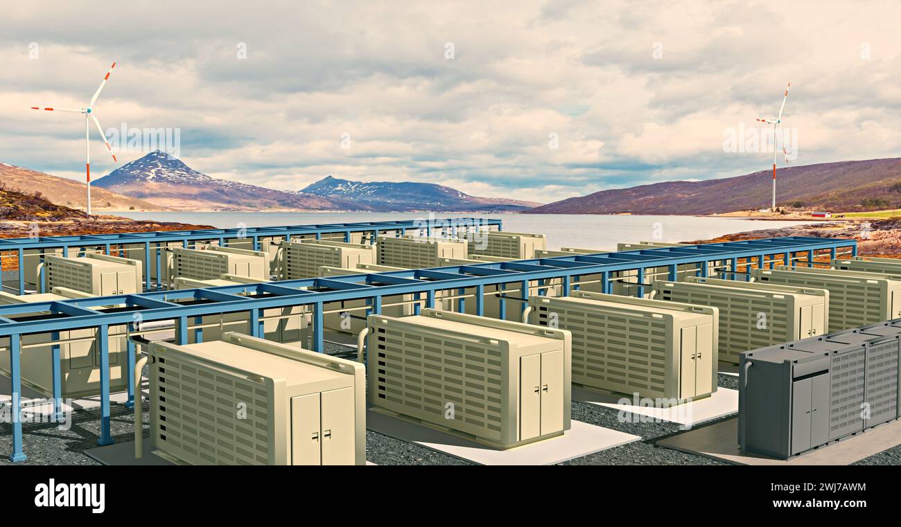 A modern battery storage in the nature, 3D illustration Stock Photo - Alamy