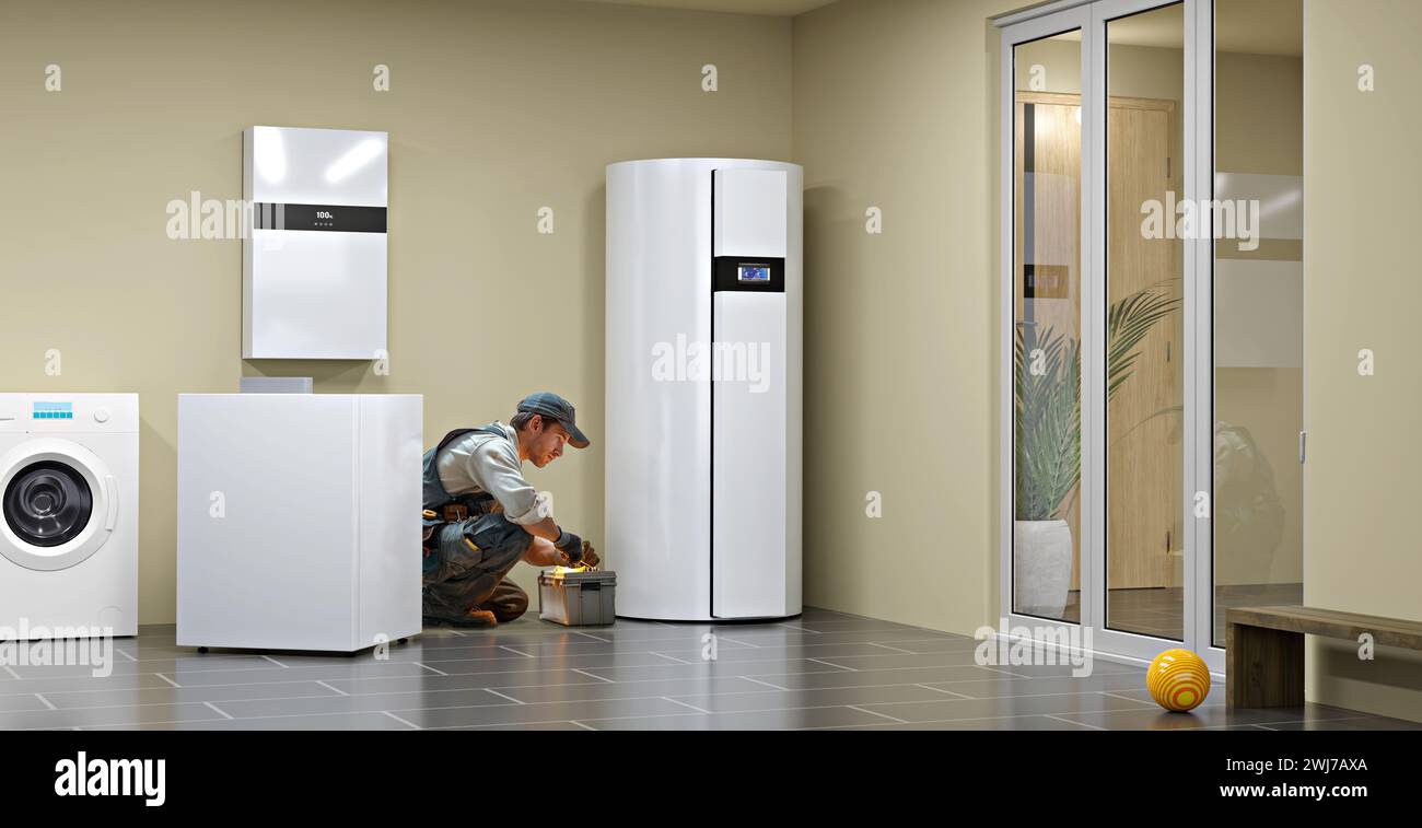 Montage of a modern air-to-water heat pump heating system for private ...