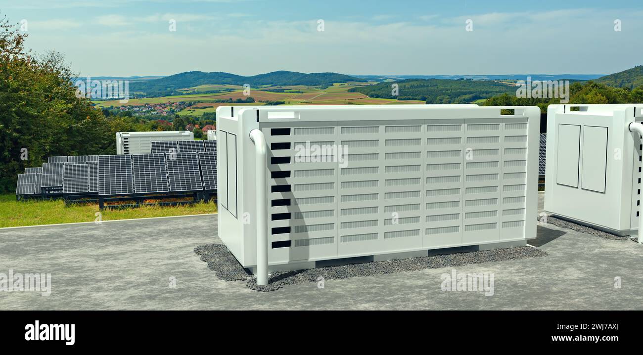 A modern solarfield with battery storage in the nature Stock Photo - Alamy