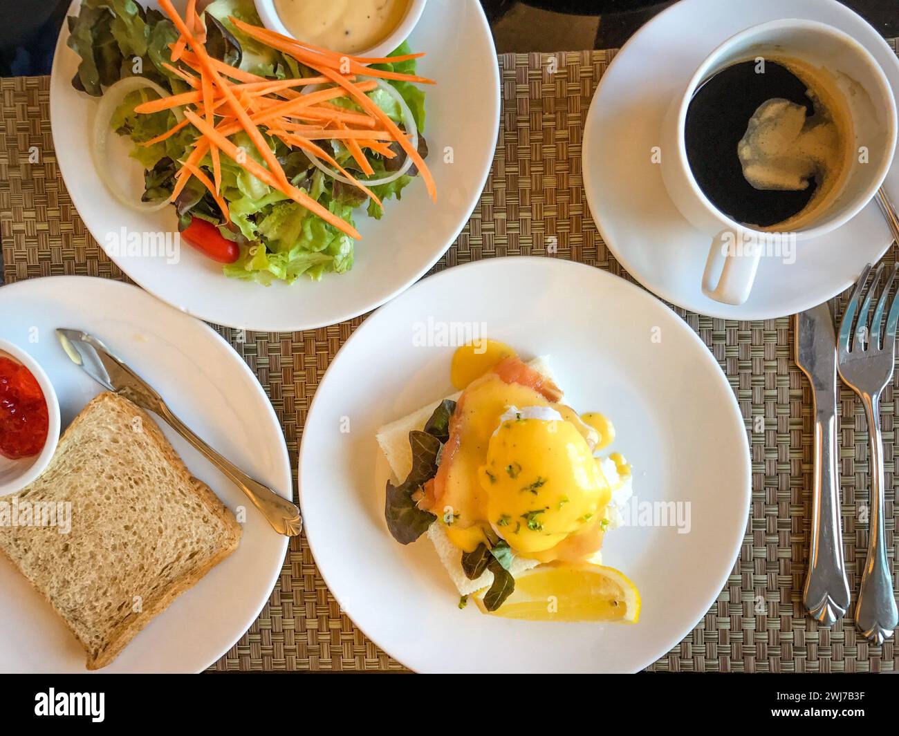 Table full of various fresh food in luxury modern restaurant. Delicious ...