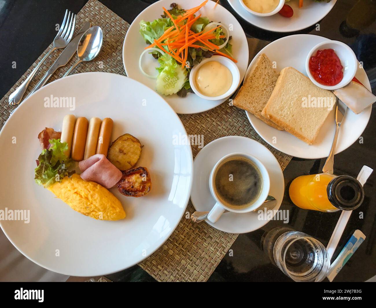 Table full of various fresh food in luxury modern restaurant. Delicious ...