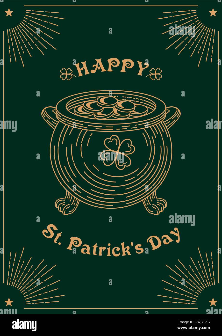 Happy St. Patricks Day banner. Four leaf clover, good luck. Leprechauns ...