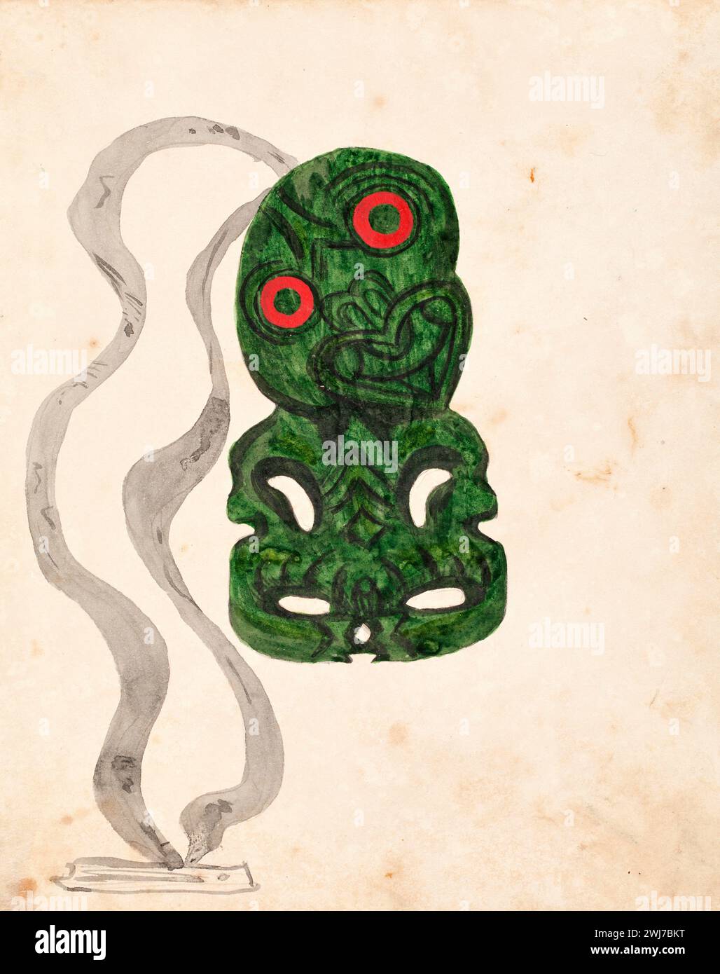 Antique illustration of a traditional greenstone Maori carving with red ...