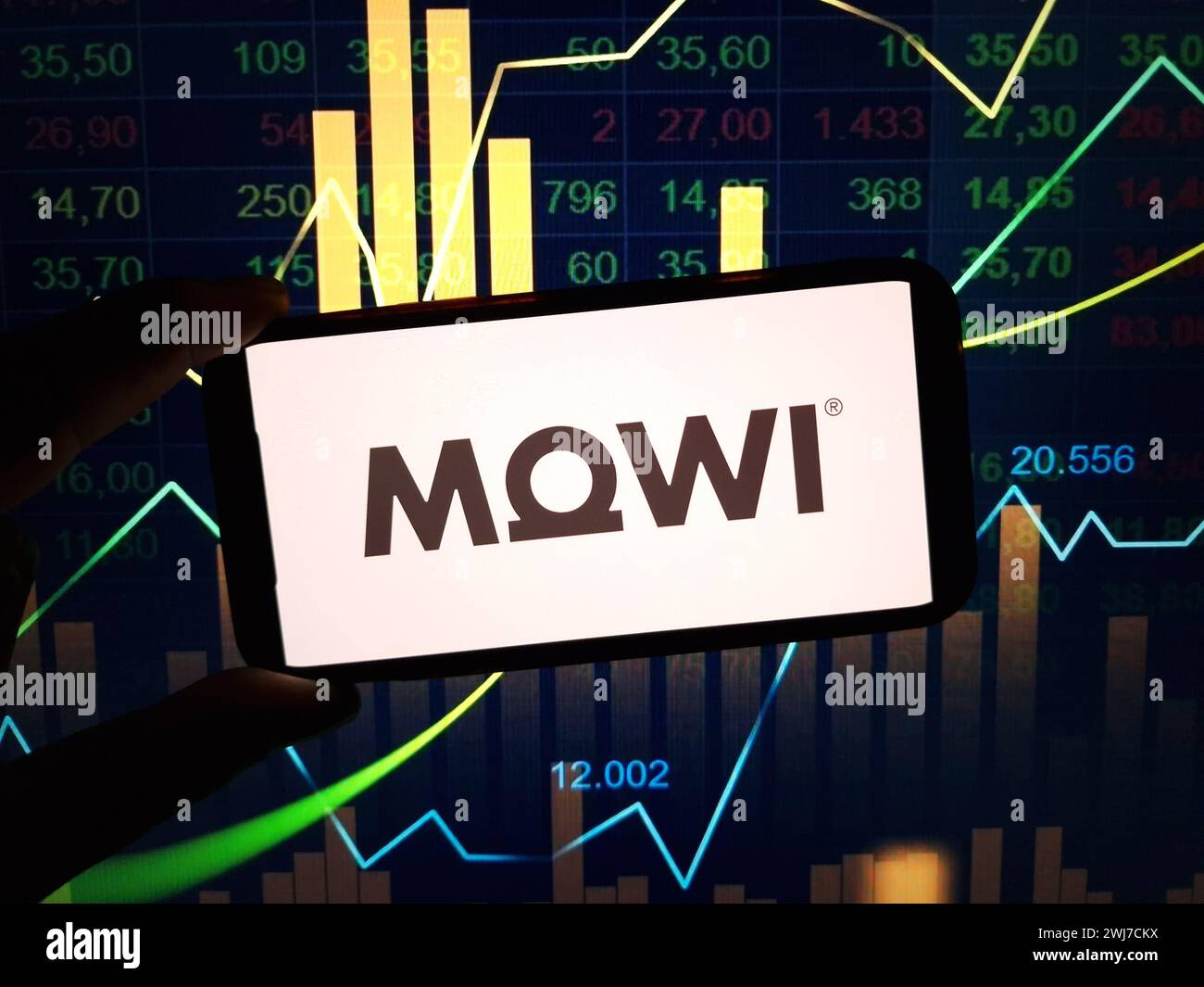 Konskie, Poland - February 12, 2024: Mowi ASA company logo displayed on ...