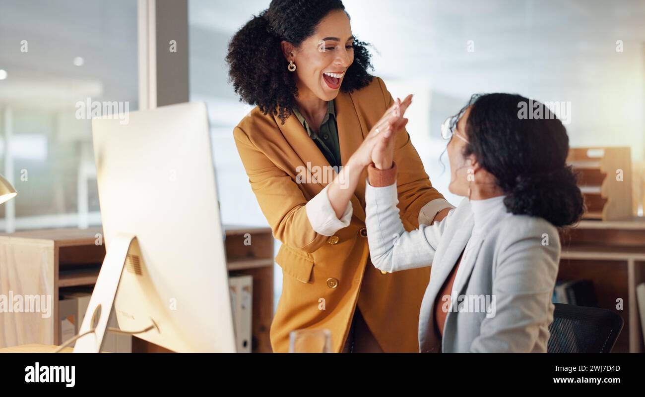 Women, business and high five for teamwork success, support and ...