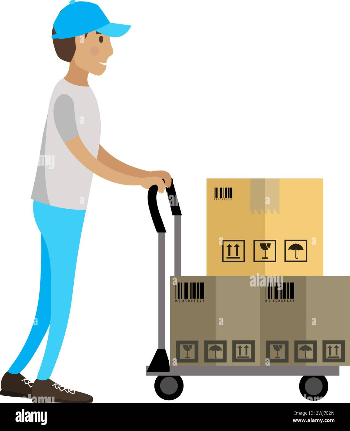 Warehouse worker psghing cart with fragile glassware in cardboard pack ...