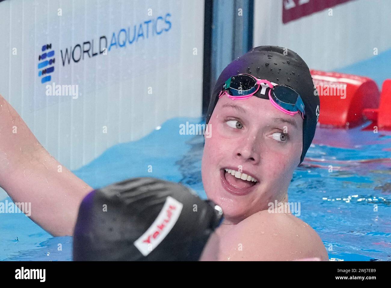 Claire Curzan of the United States reacts after competing the women's ...