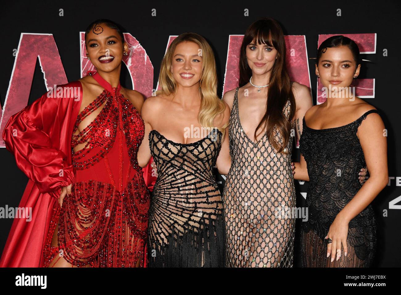Los Angeles, California, USA. 12th Feb, 2024. (L-R) Celeste O'Connor, Sydney Sweeney, Dakota ...