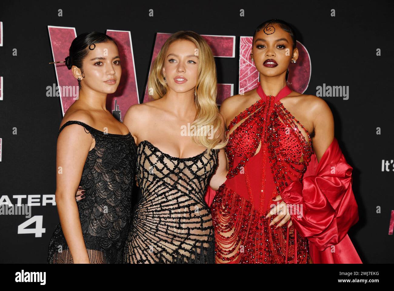 Los Angeles, California, USA. 12th Feb, 2024. (L-R) Isabel Merced, Sydney Sweeney and Celeste O ...