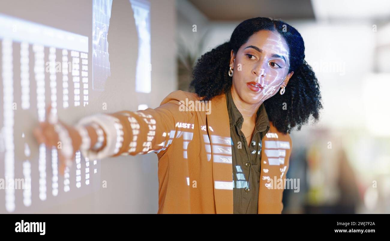 Presentation, projector and business woman report global economy stats ...