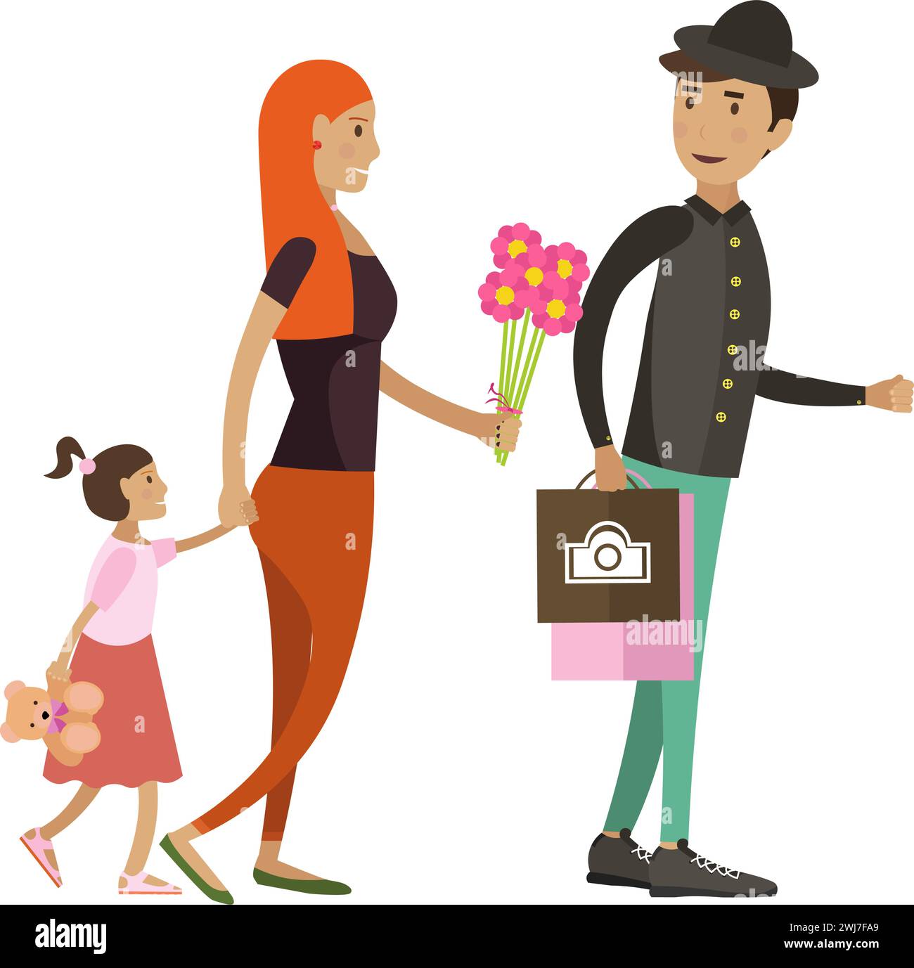 Smartly dressed family with girl child going to holiday vector icon ...