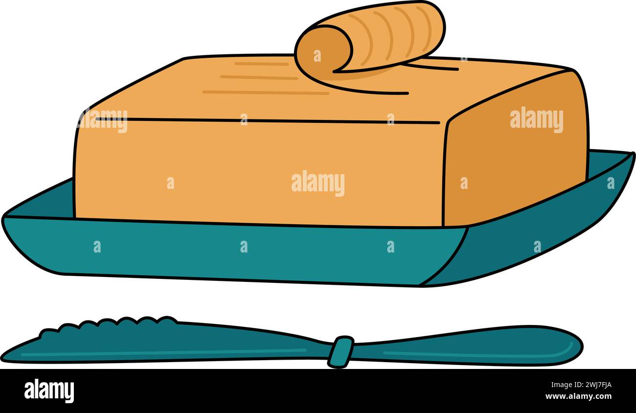 A curl of butter on a piece of butter and a knife. Cartoon flat ...