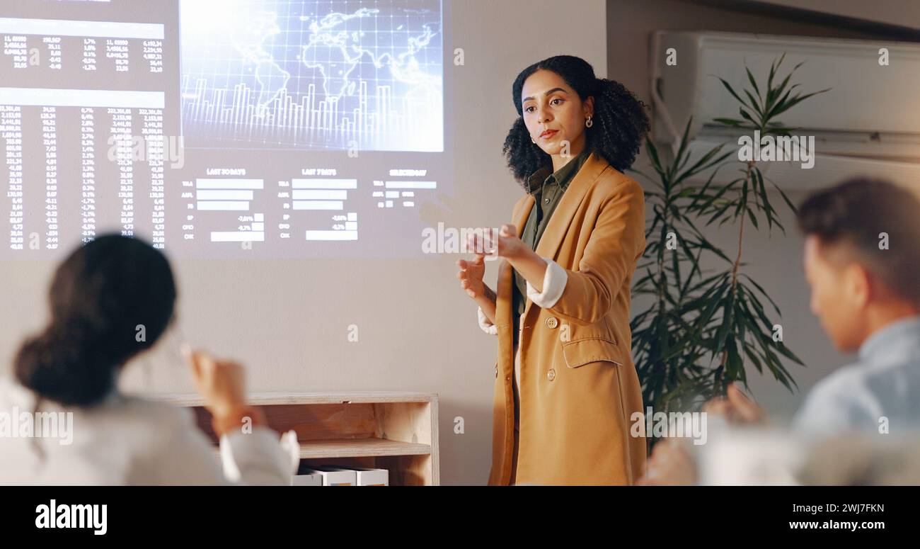 Projector, presentation report and business woman answer employee ...