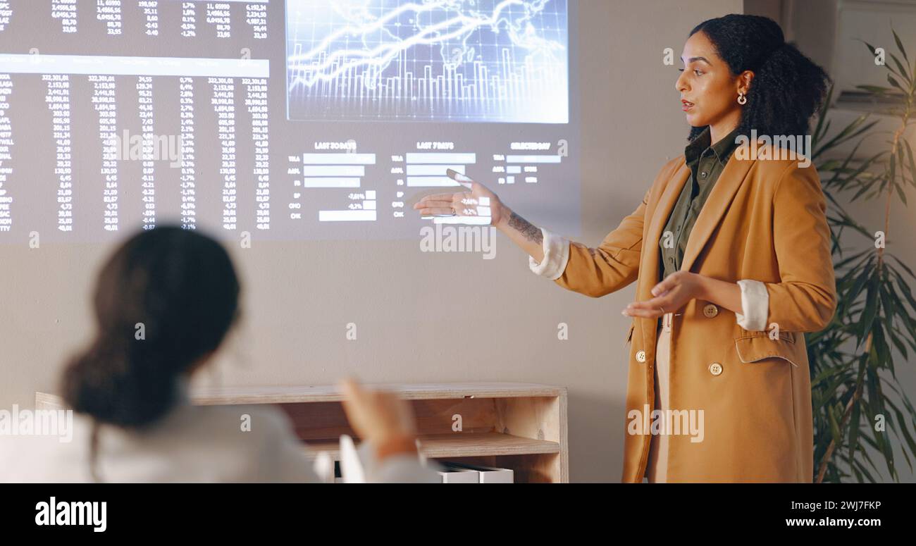 Projector, presentation report and business woman answer employee ...