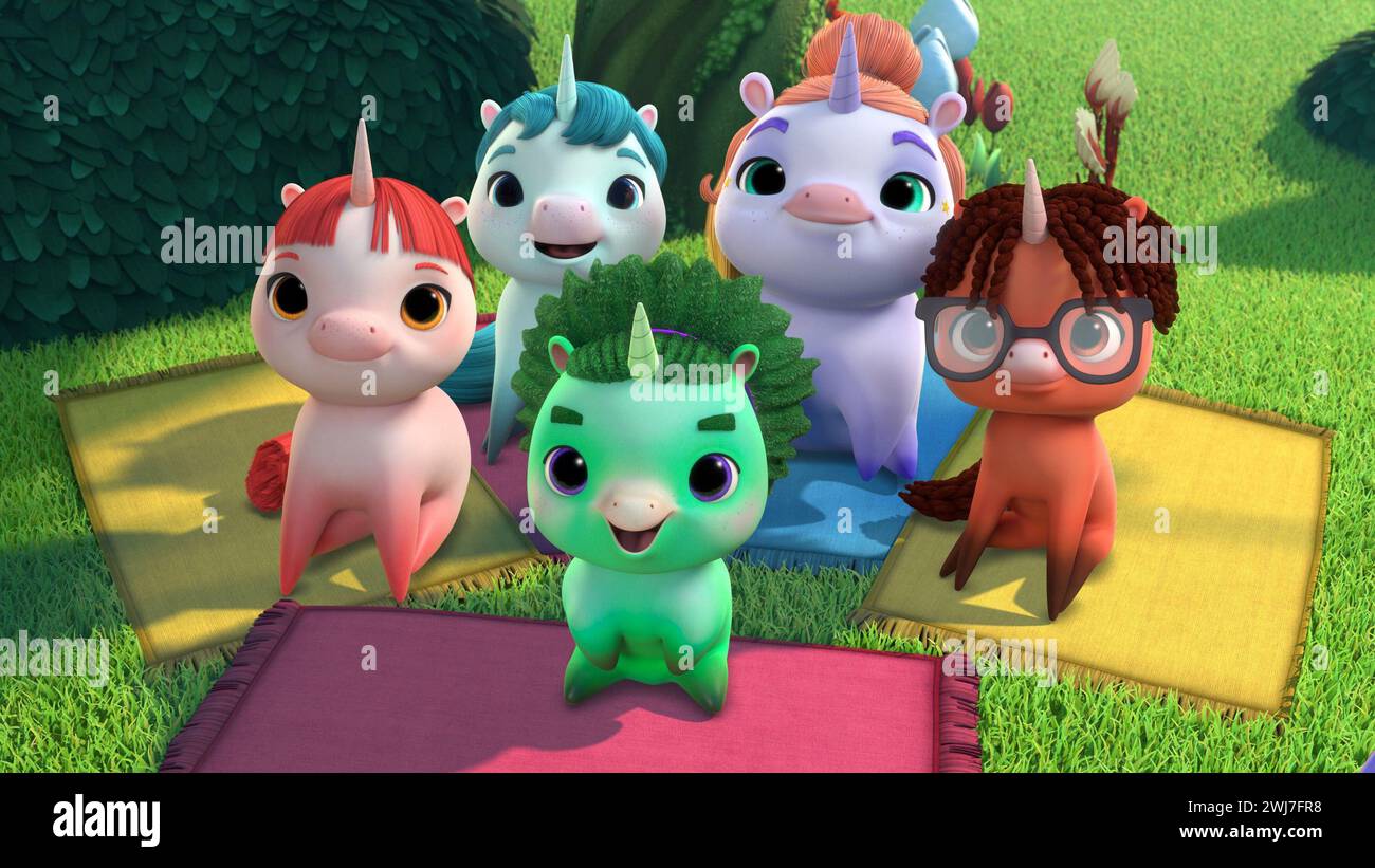 NOT QUITE NARWHAL, front: Juniper (voice: Micaiah Chen), back from left: Ollie (voice: Sasha ...