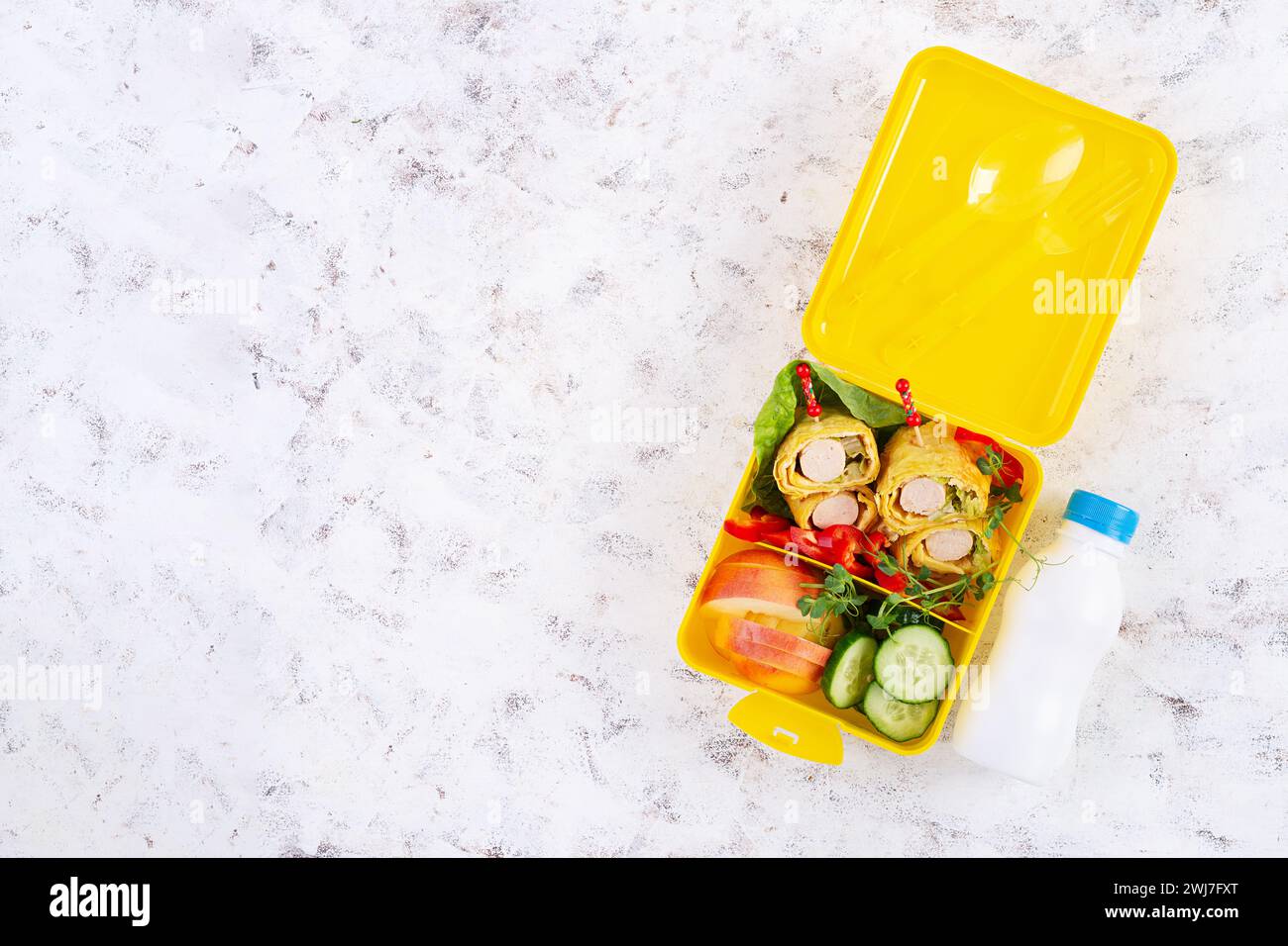 School lunch box with sausage roll in omelette with lavash. Lunchbox ...