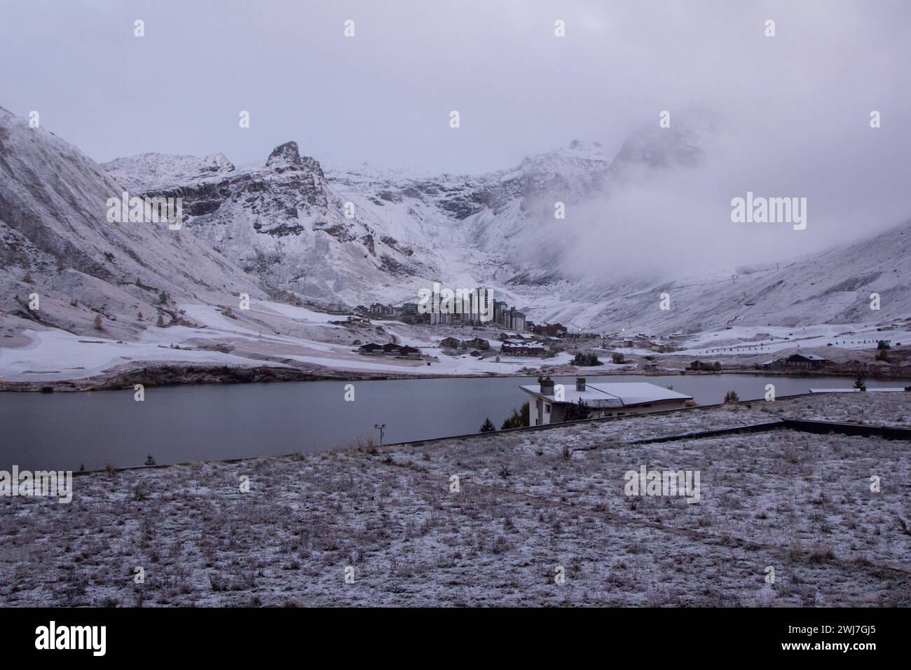 Tignes, France: a mid-October snowfall at day's end dusts the landscape ...
