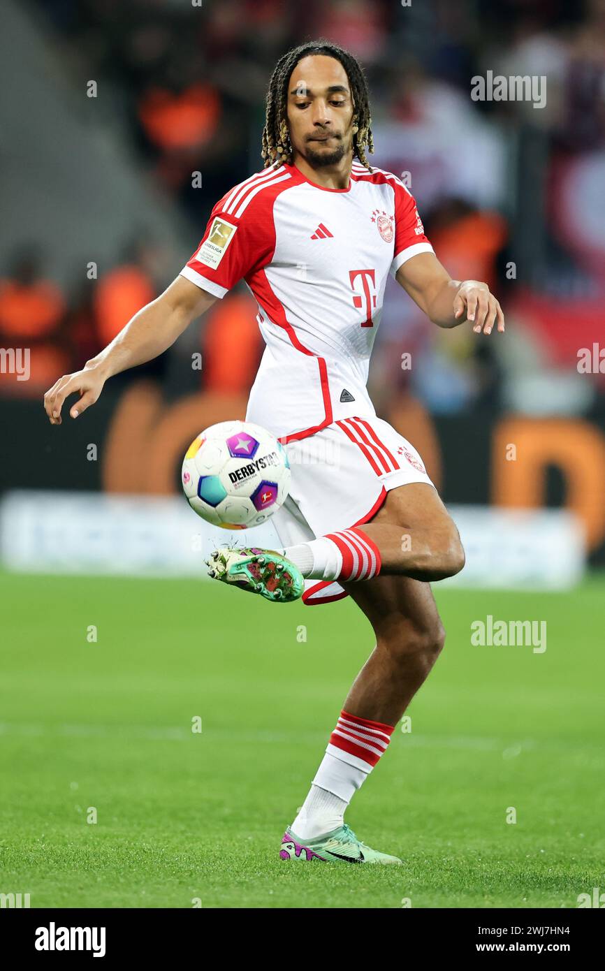 Sacha Boey of Bayern Muenchen LEVERKUSEN, GERMANY - FEBRUARY 10 ...