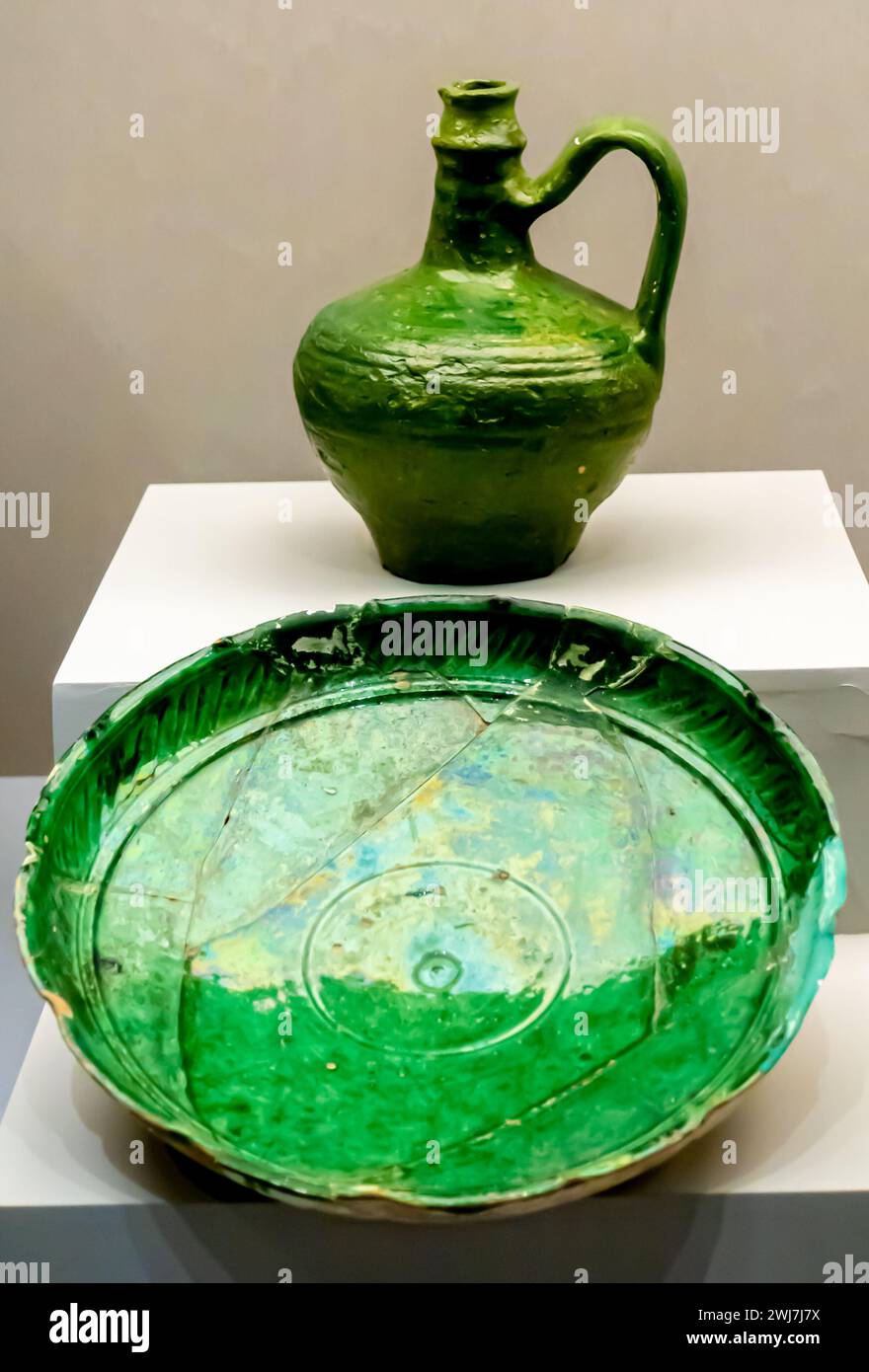 Medieval Kazakh kitchenware - Green glazed plate and ceramic jug, 13 ...